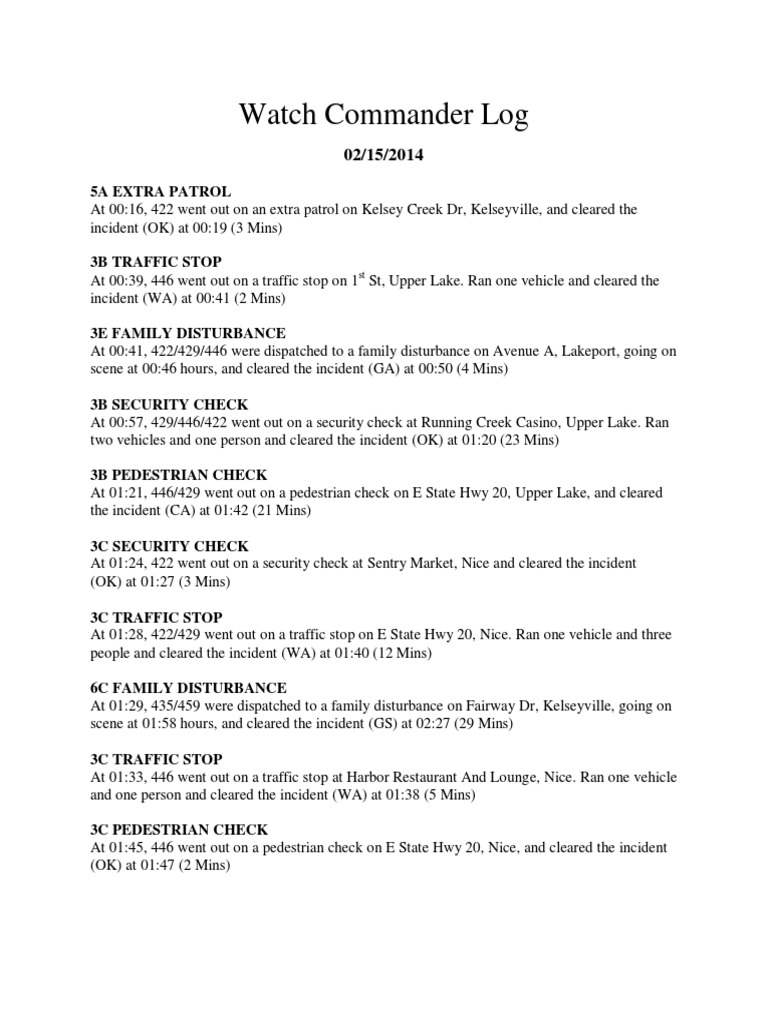 Lake County Sheriff's Watch Commander Logs | PDF | Traffic | Automobiles