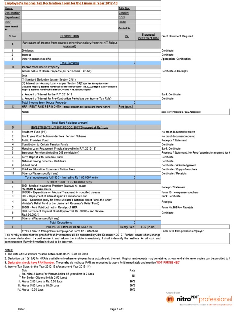 IT Declaration Form 2012-13 | PDF | Government Finances | Public Finance