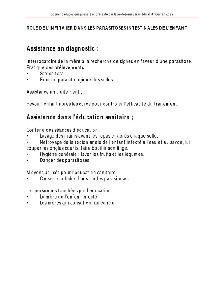 Role de L'infirmier Dans Les Parasitoses Intestinales de L'enfant | PDF