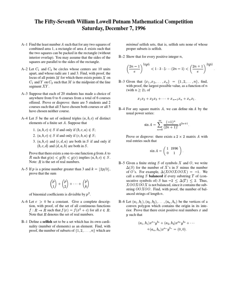 1996 Putnam Math Competition. | PDF | Mathematical Proof | Function ...