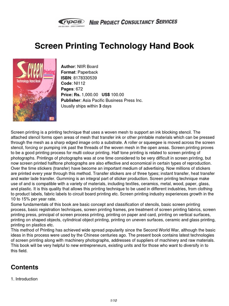 Screen Printing Technology Handbook | PDF