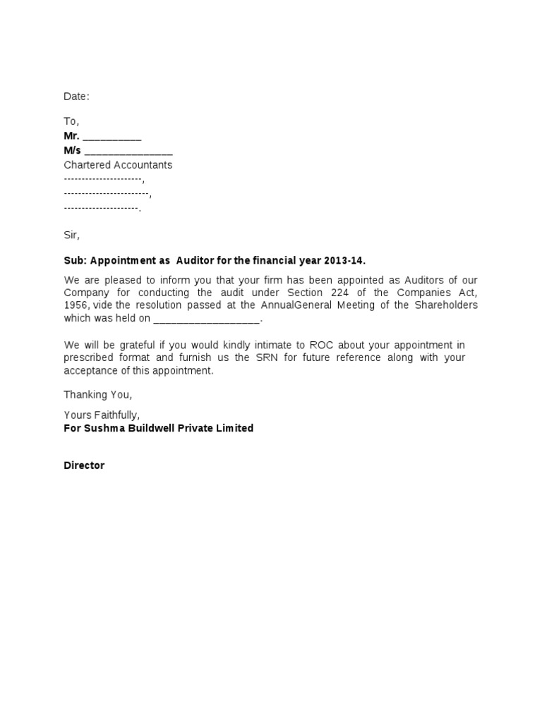 Auditor Appointment Letter Format | PDF | Accountant | Corporations