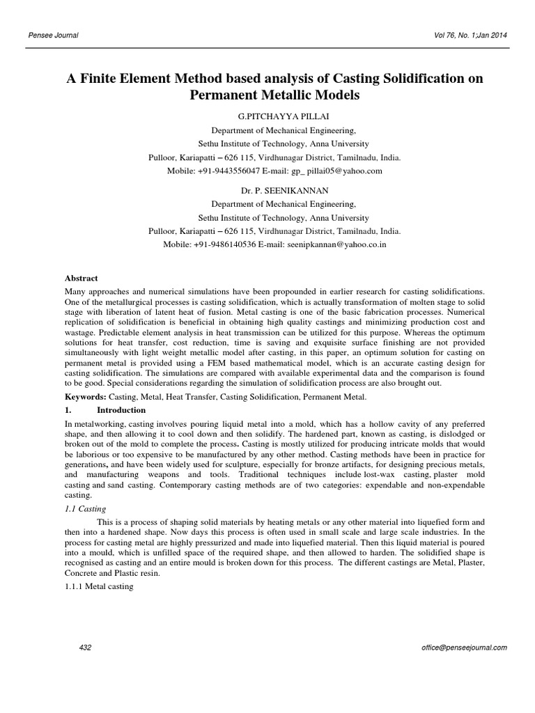 A Finite Element Method Based Analysis Of Casting Solidification Onpermanent Metallic Models