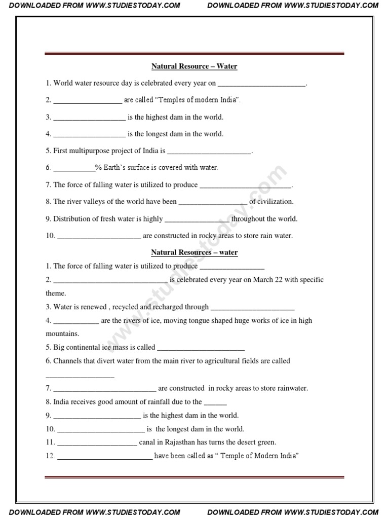 CBSE Class 8 SST Worksheet - Natural Resource - Water | PDF