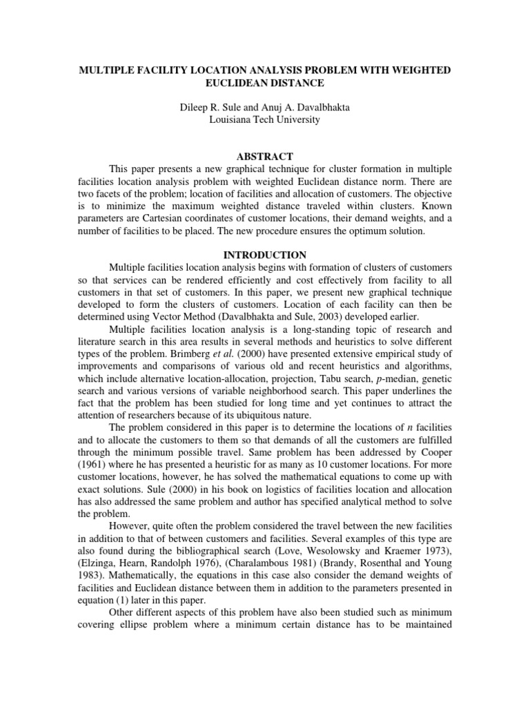 Multiple Facility Location Analysis Problem With Weighted Euclidean Distance | Download Free PDF ...