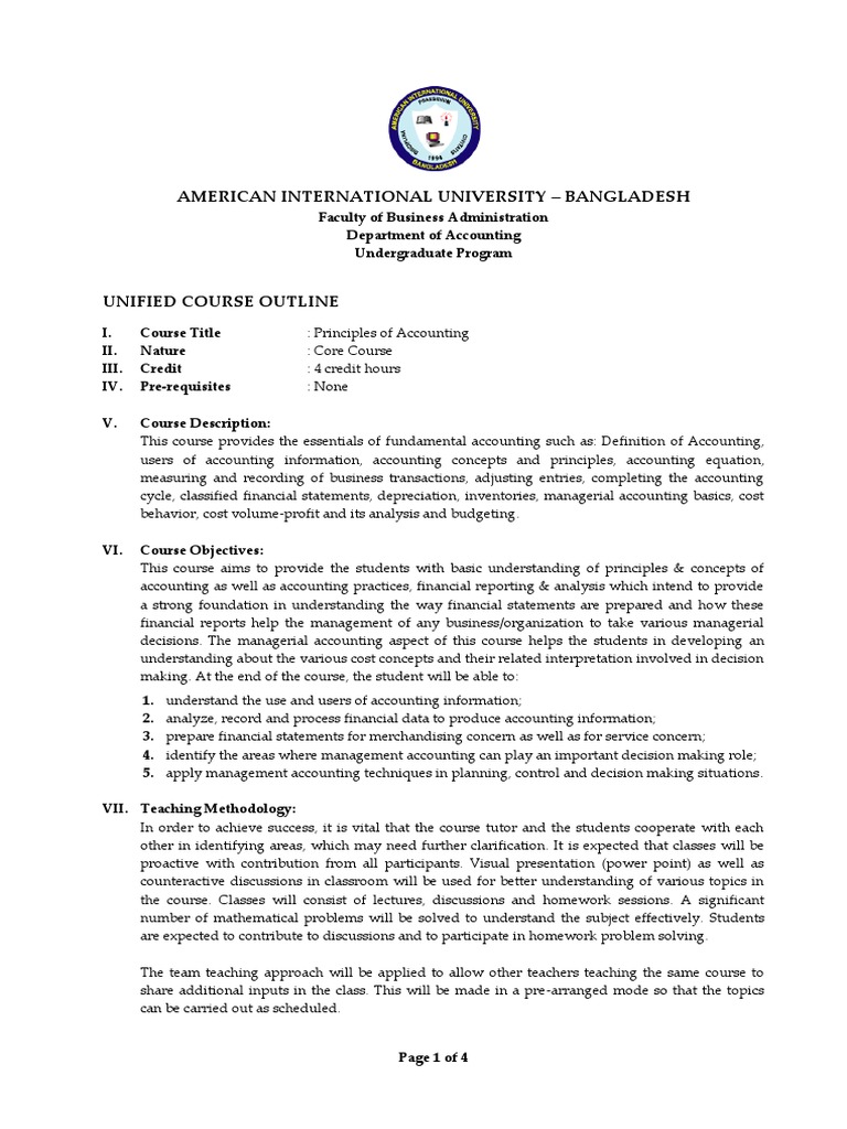 Principles of Accounting Course Outline | PDF | Debits And Credits ...