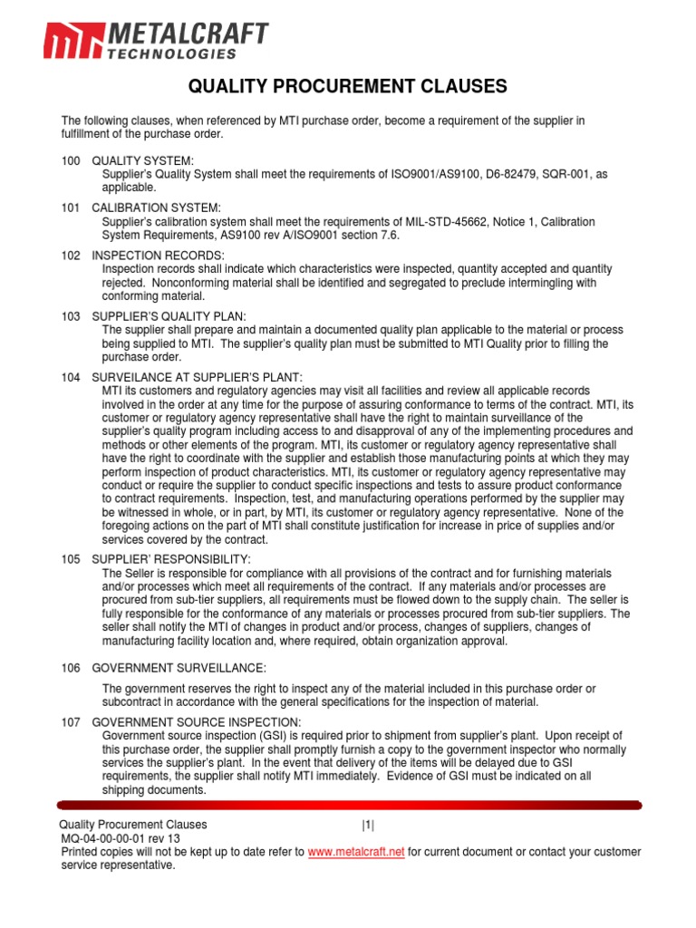 Quality Procurement Clauses | PDF | Specification (Technical Standard ...