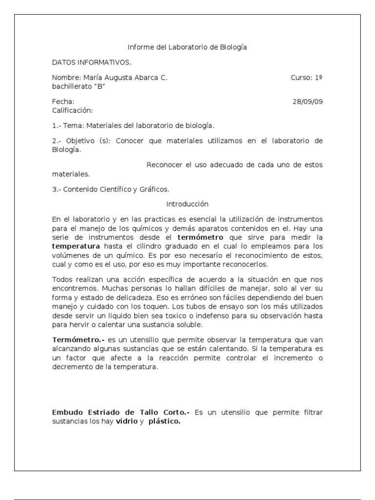 Informe Del Laboratorio De Biología 2 Pdf Laboratorios Lentes