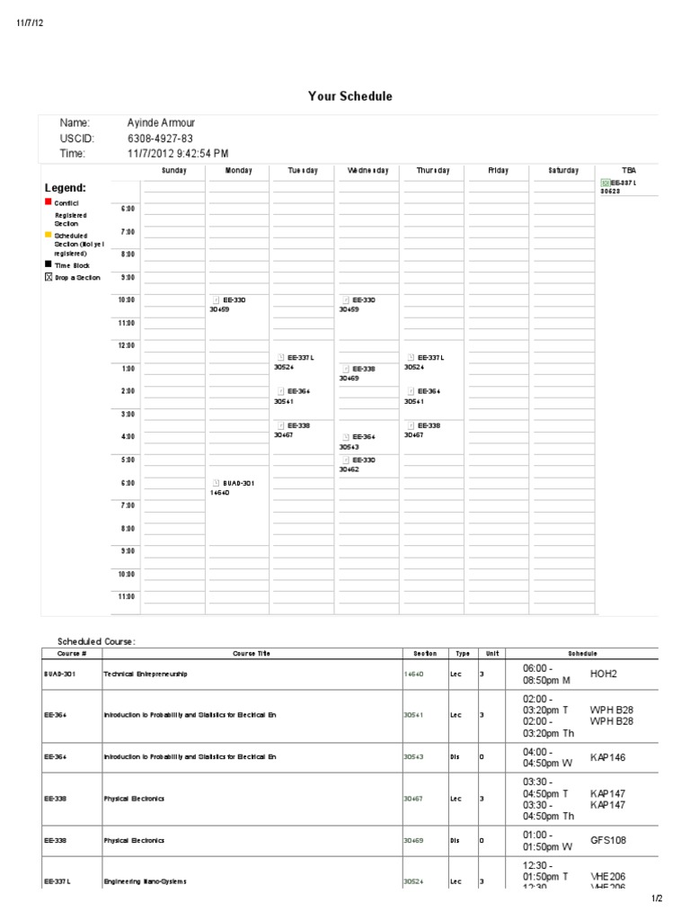 USC Course Schedule Overview | PDF