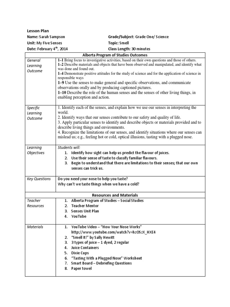 Sense of Smell - One | PDF | Senses | Lesson Plan