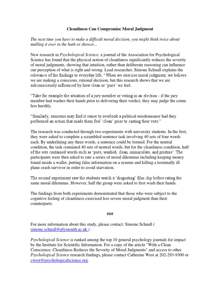 Cleanliness Can Compromise Moral Judgment | PDF | Morality | Psychology