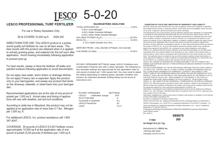 Lesco 5-0-20 10Fe | Fertilizer | Legal Liability