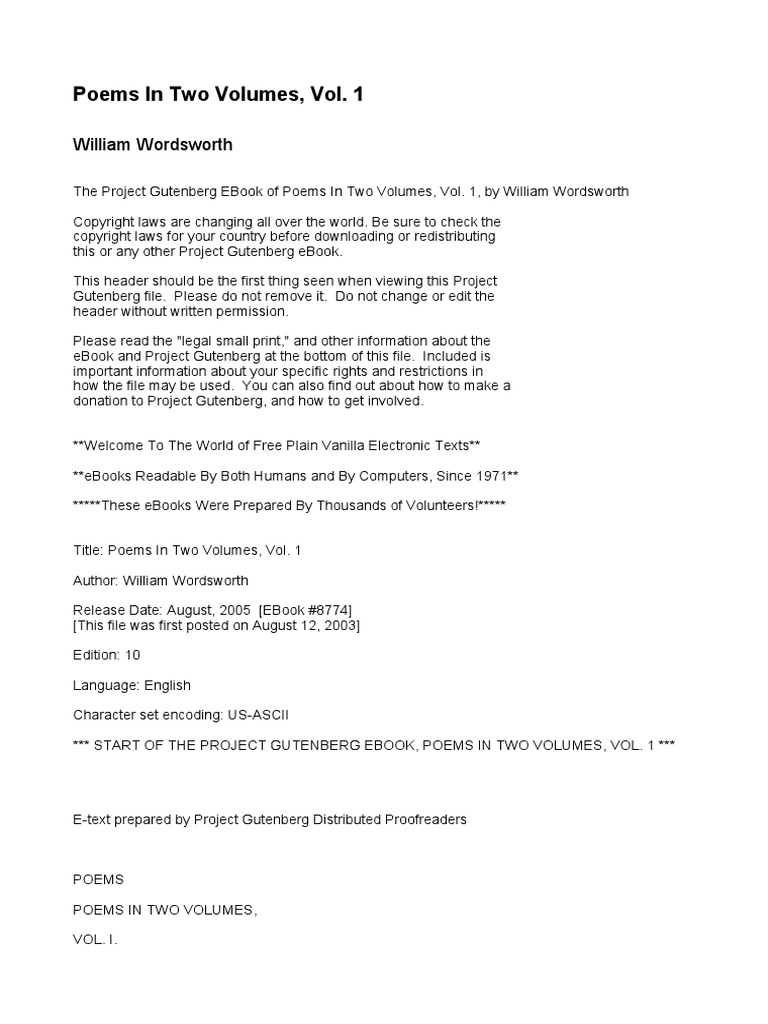 Poems in Two Volumes Vol 1 William Wordsworth | PDF | Project Gutenberg ...