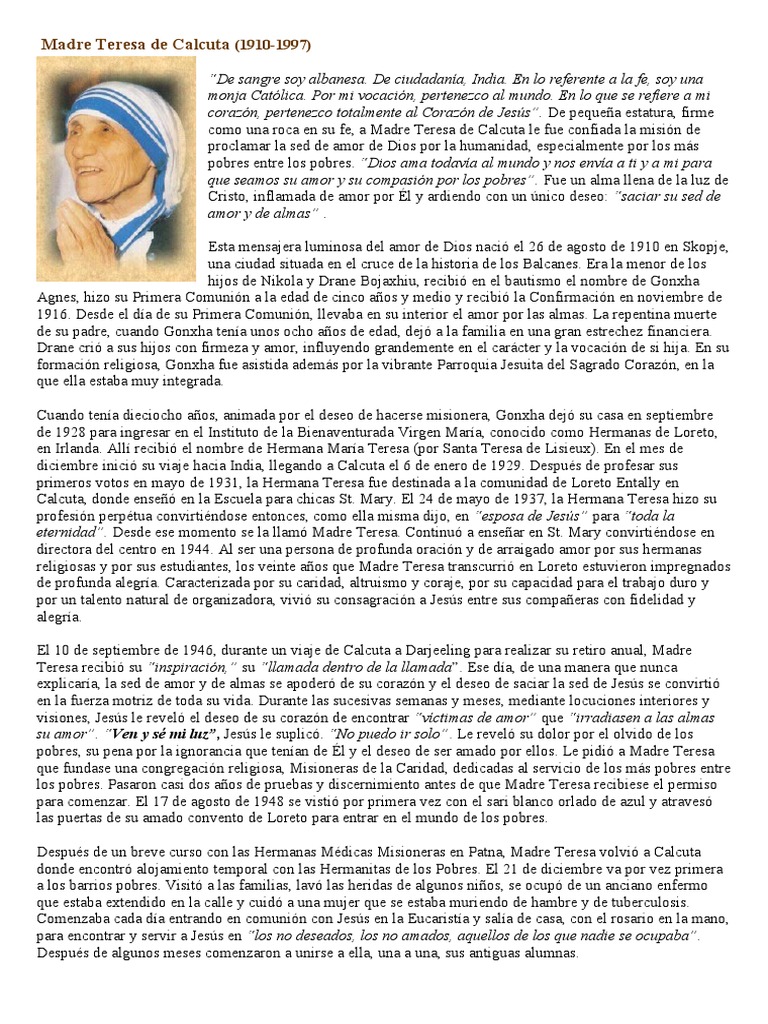 Biografía resumida de Madre Teresa | PDF | Madre Teresa | Espiritualidad