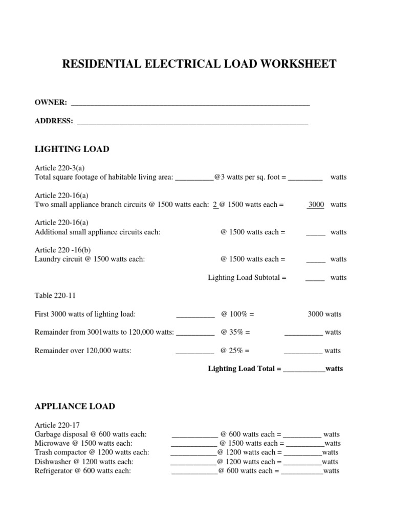 Residential Electrical Load Worksheet | PDF | Home Appliance | Watt