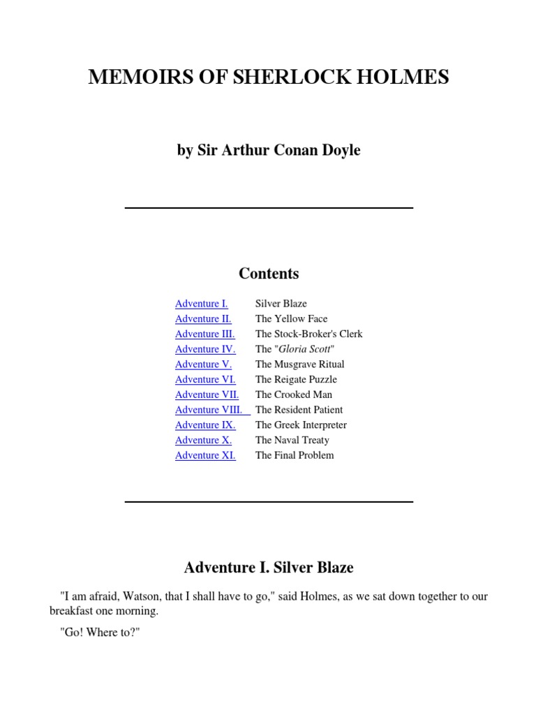 Memoirs of Sherlock Holmes | PDF | The Adventure Of Silver Blaze ...