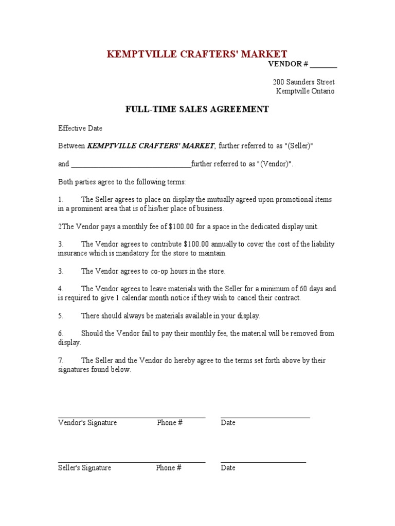 Kemptville Crafters' Market Vendor Agreement | PDF | Business | Law