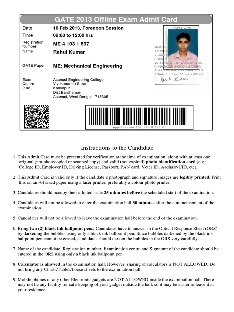 GATE 2013 Offline Exam Admit Card: Instructions To The Candidate | PDF ...