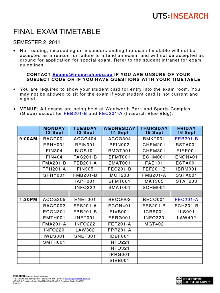 Fin Exam Timetable For Insearch Student