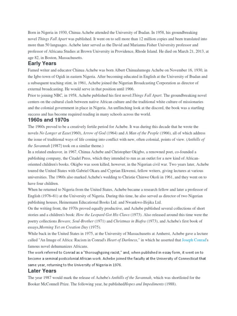 Chinua Achebe Biography | PDF | English Language Literature | Poetry
