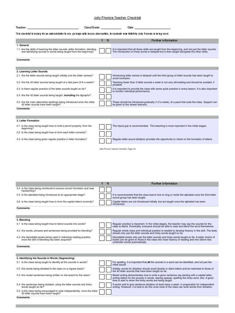 Jolly Phonics Teacher Checklist | PDF | Phonics | Reading (Process)