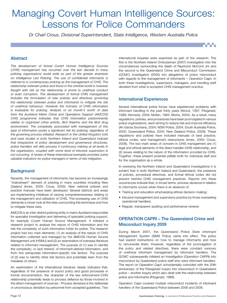 Managing Covert Human Intelligence Sources | PDF | Police | Risk