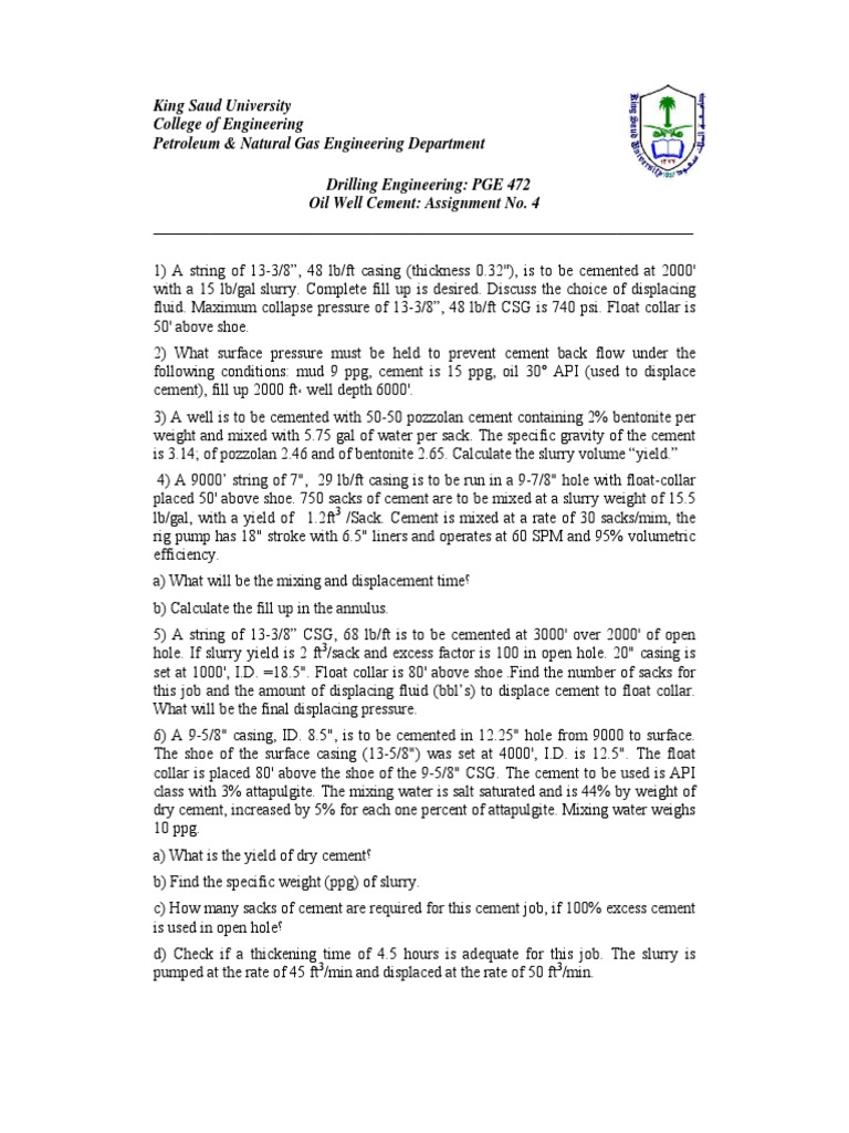 Assignment No. 4 - Oil Well Cement | PDF | Casing (Borehole) | Buoyancy