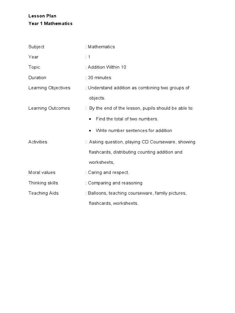 Lesson Plan Year 1 Mathematics | PDF | Education Theory | Sharing