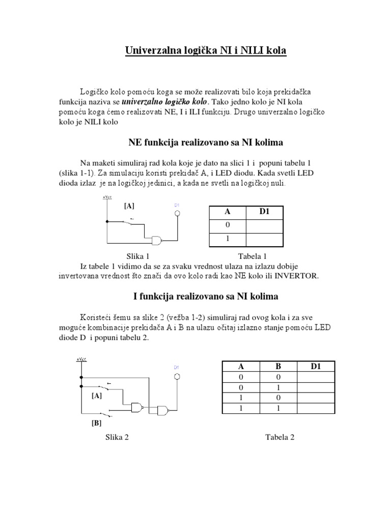 Vezba 1 Digitalna Univerzalna Logicka Ni I Nili Kola | PDF