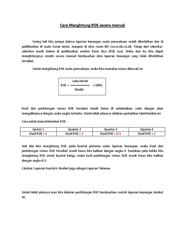 Cara Menghitung ROE, PER, PBV Secara Manual | PDF