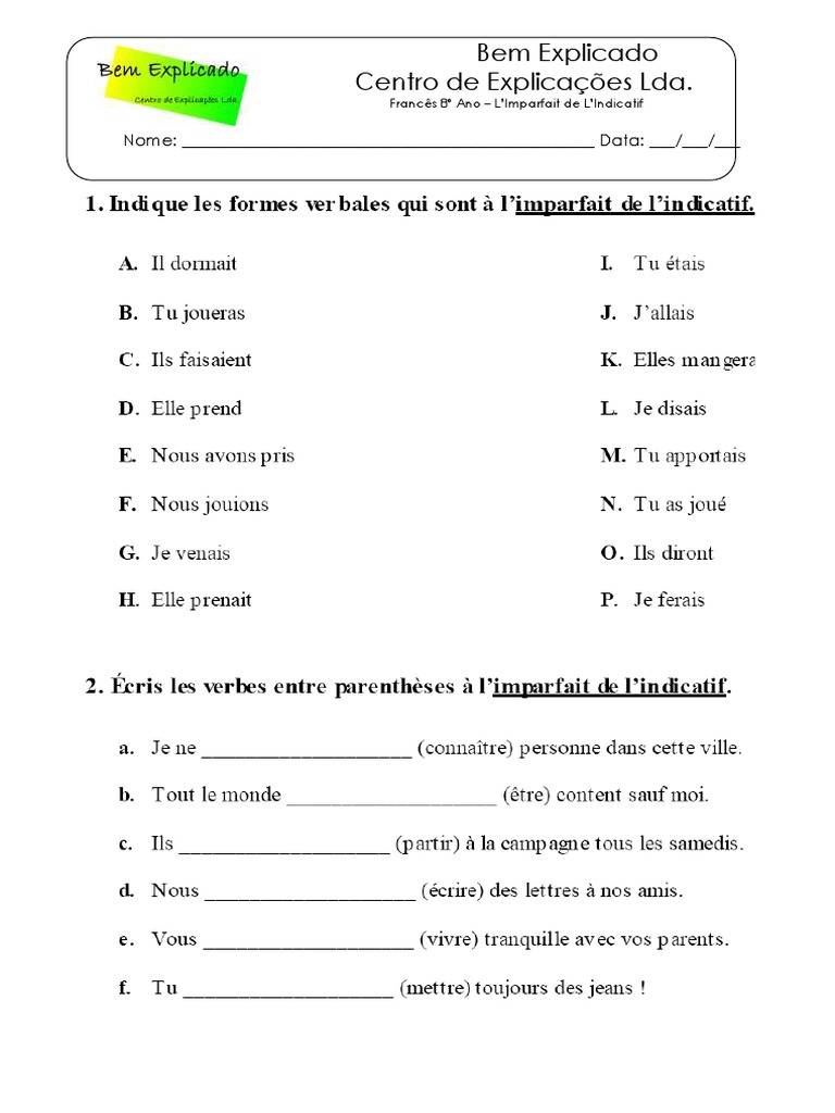 5 - Ficha de Trabalho - L'Imparfait de L'Indicatif | PDF
