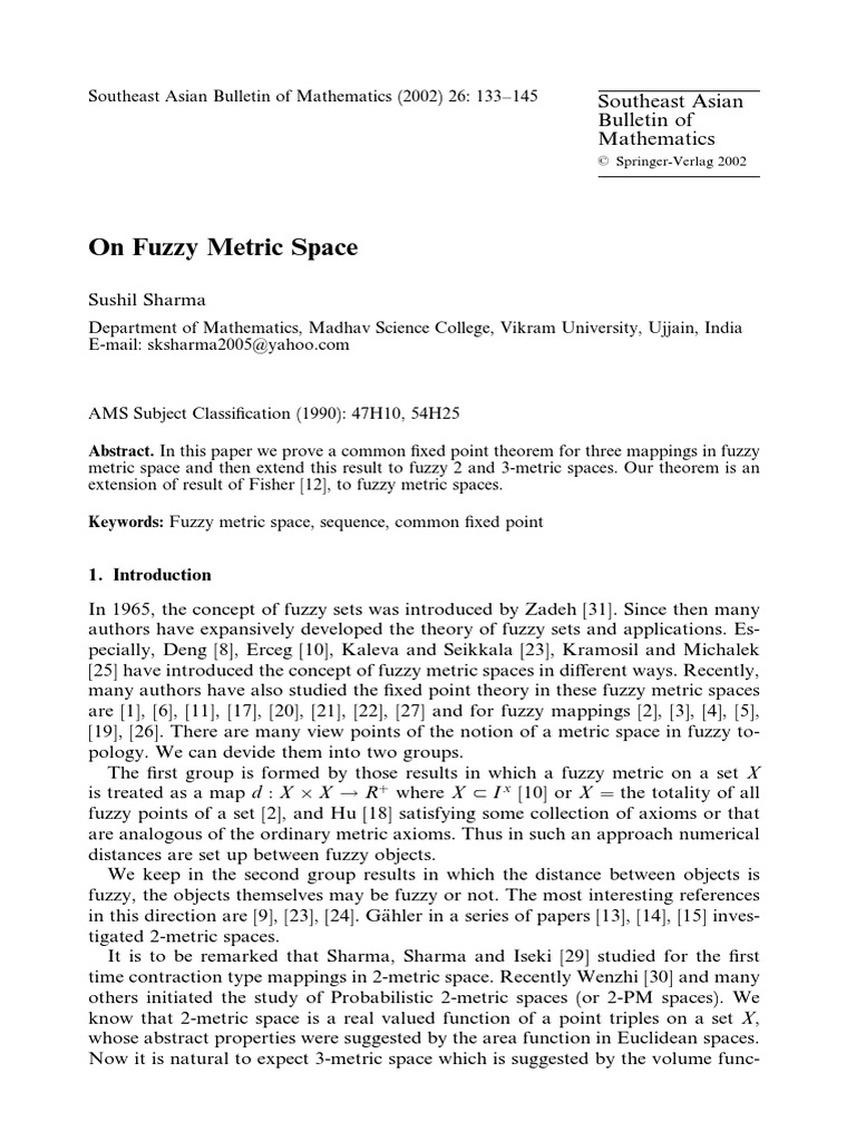 On Fuzzy Metric Space: Southeast Asian Bulletin of Mathematics | PDF | Metric (Mathematics ...