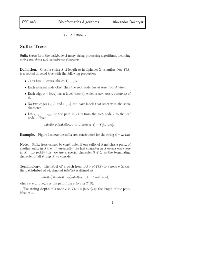 Suffix Trees: CSC 448 Bioinformatics Algorithms Alexander Dekhtyar ...