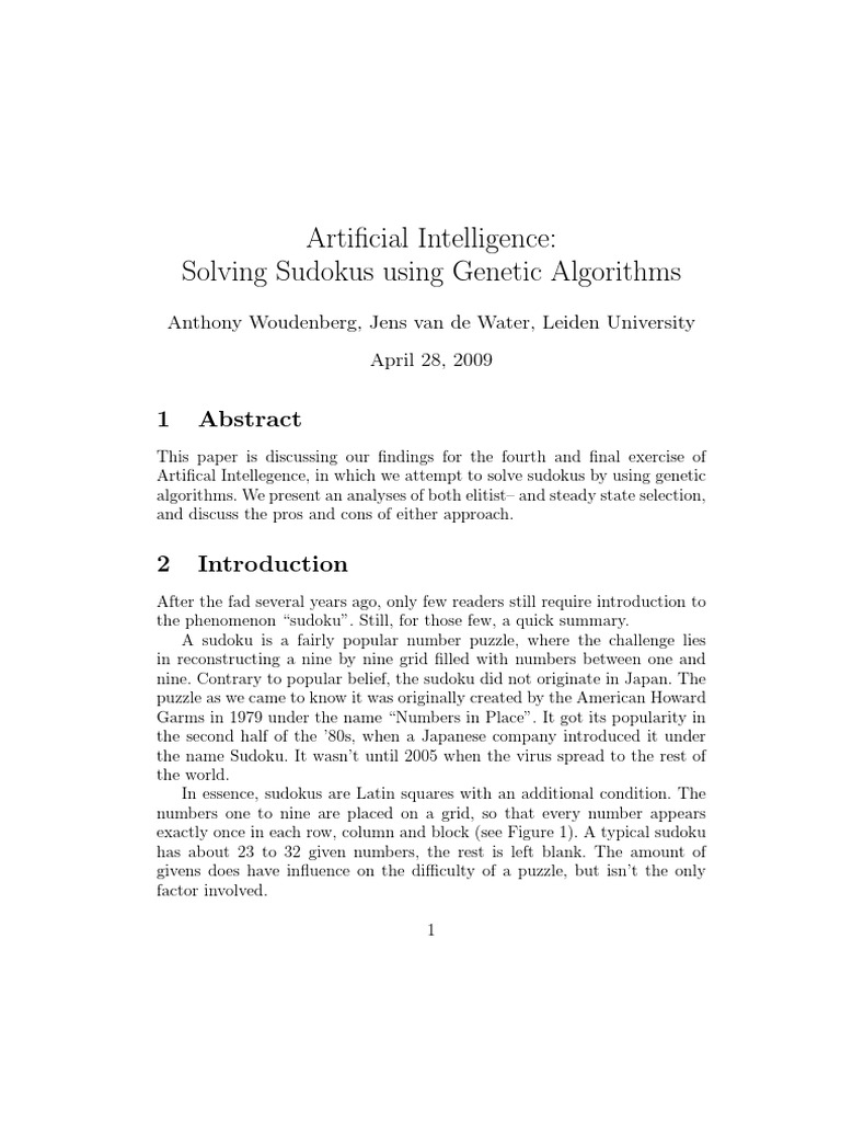 A Genetic Approach To Solving Sudoku S | PDF | Genetic Algorithm | Applied Mathematics