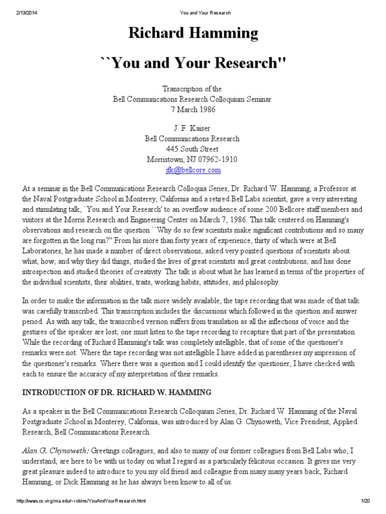 Richard Hamming ''You and Your Research'' | PDF | Science ...