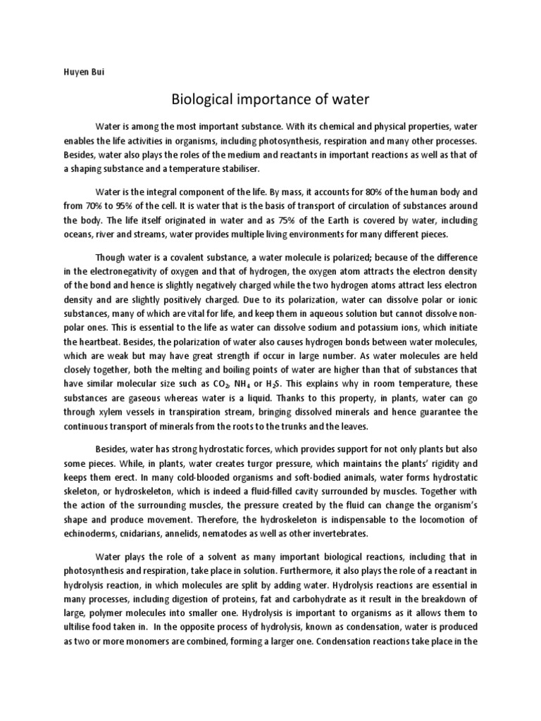 Biological Importance of Water | PDF | Properties Of Water | Chemical ...