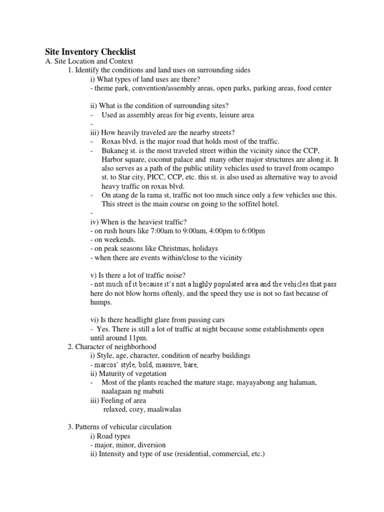 Site Inventory Checklist | PDF | Bus | Traffic