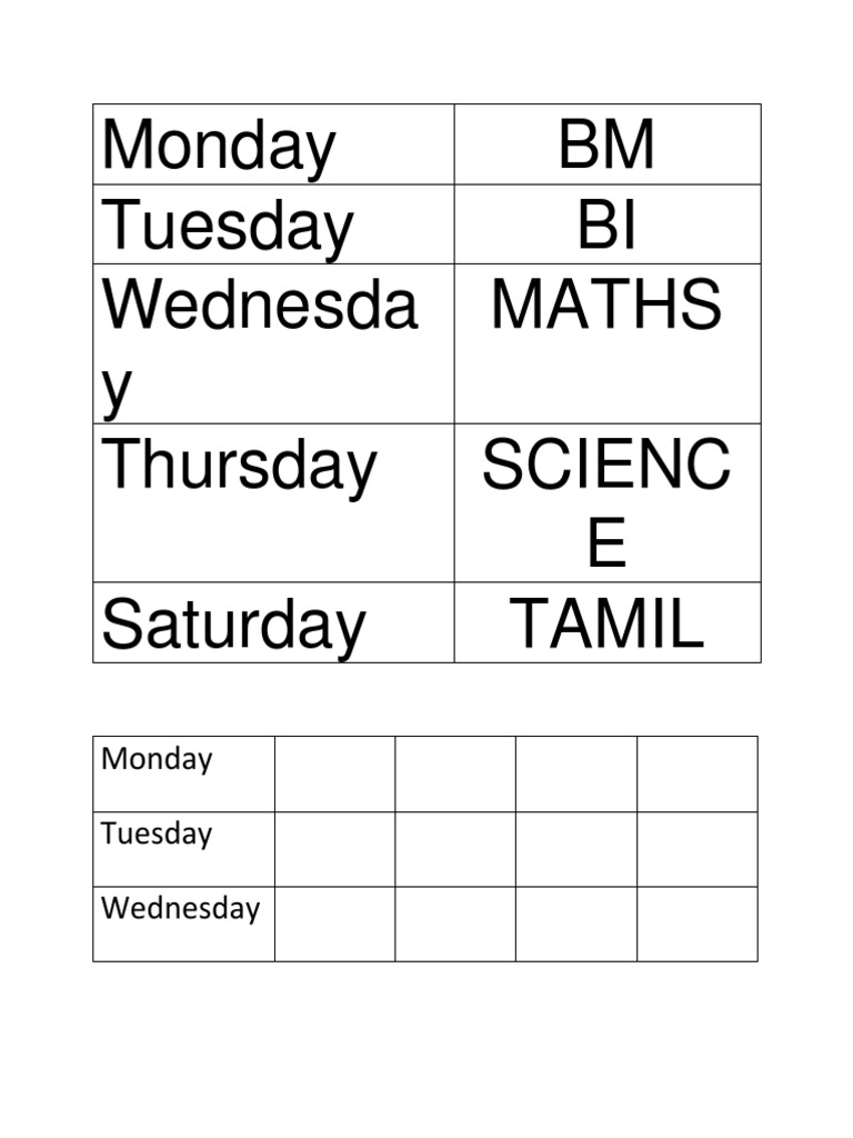 Monday BM Tuesday BI Wednesda y Maths Thursday Scienc E Saturday Tamil ...