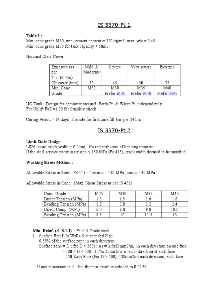 Summary Of IS 3370 Detailing Requirements PDF