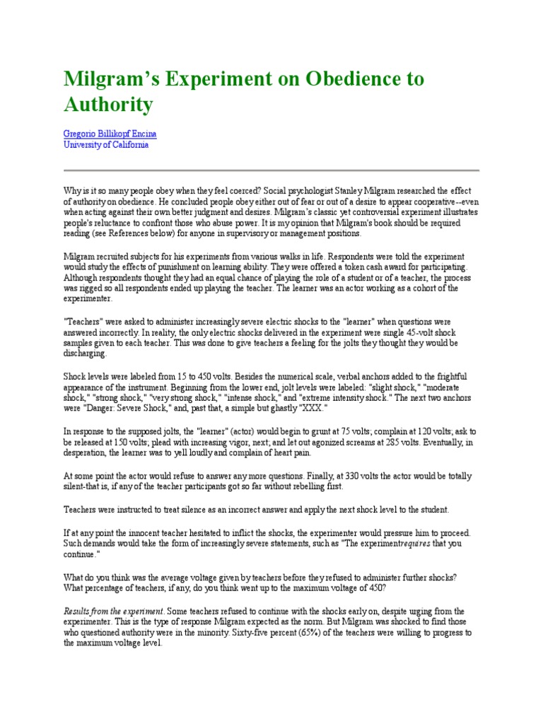 Milgrams Experiment On Obedience To Authority | PDF | Obedience (Human ...
