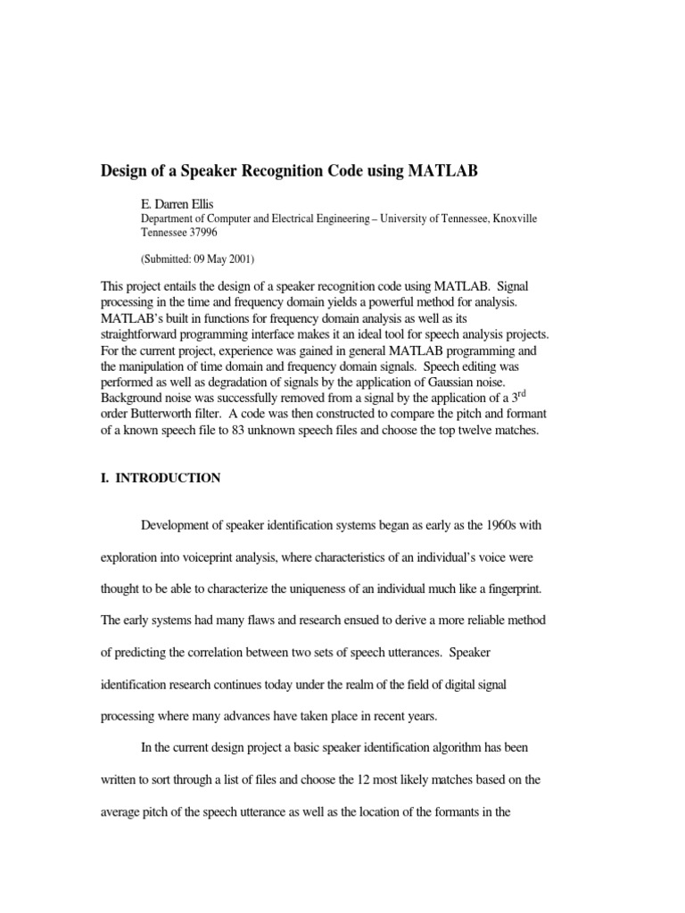 Speaker Recognition Matlab | PDF | Low Pass Filter | Filter (Signal Processing)