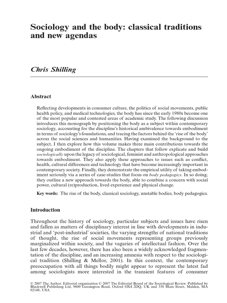 SHILLING, Chris. Sociology and The Body - Classical Traditions and New ...