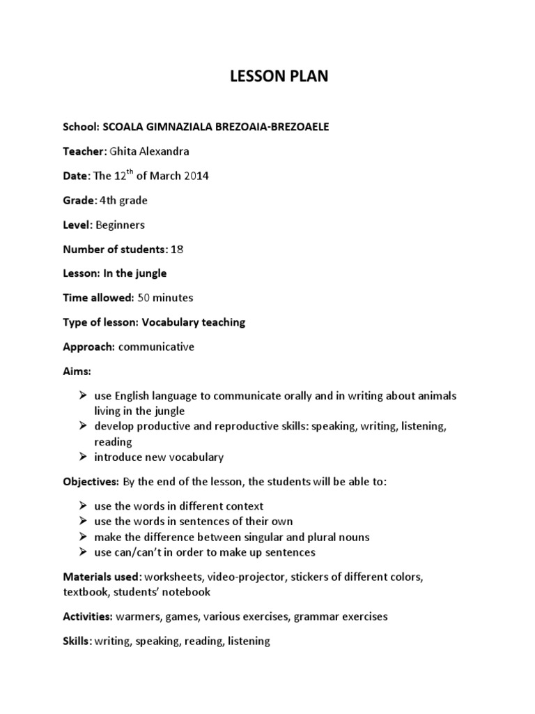 In The Jungle Lesson Plan | PDF | Lesson Plan | Vocabulary