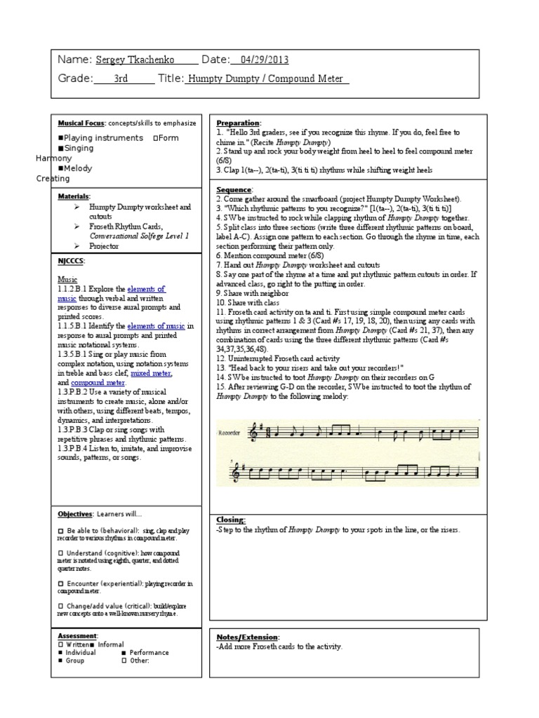 Humpty Dumpty Froseth Cards Lesson Plan Revised | PDF | Musical Forms ...