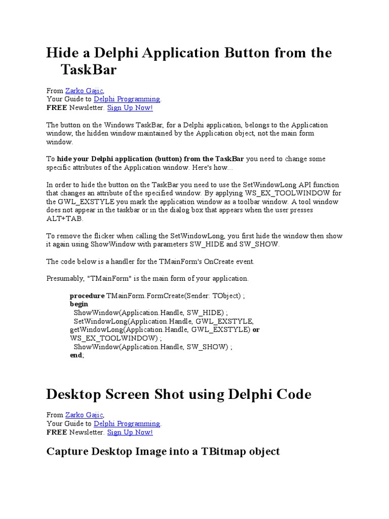 Hide A Delphi Application Button From The Taskbar: Capture Desktop ...