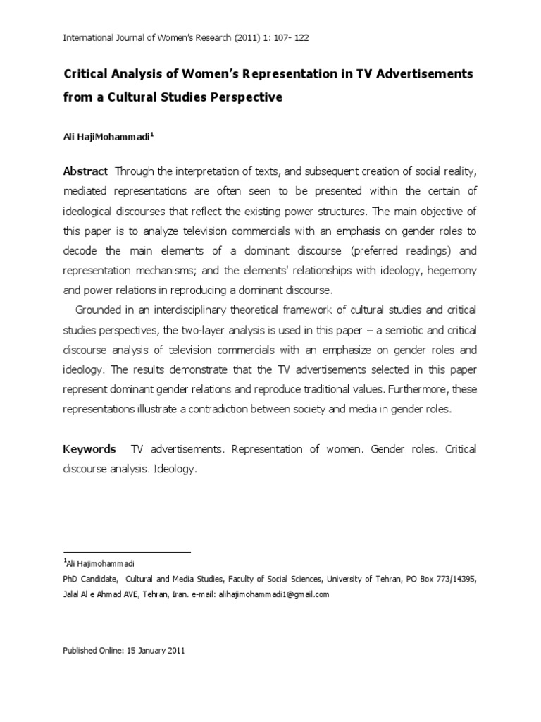 Critical Analysis of Women's Representation in TV Advertisements From A ...