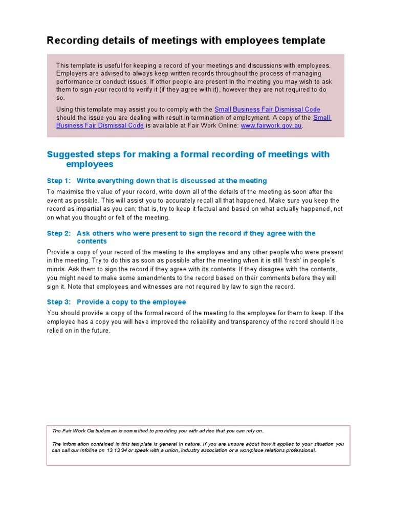 Letter Template Recording Meetings With Employees | Employment | Public ...