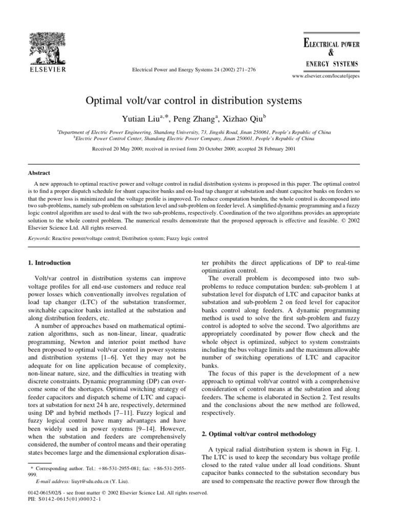 Optimal Volt/var Control in Distribution Systems: Yutian Liu, Peng Zhang, Xizhao Qiu | Download ...
