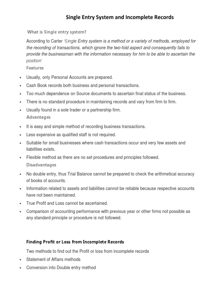 Single Entry System and Incomplete Records Notes | PDF | Expense | Revenue