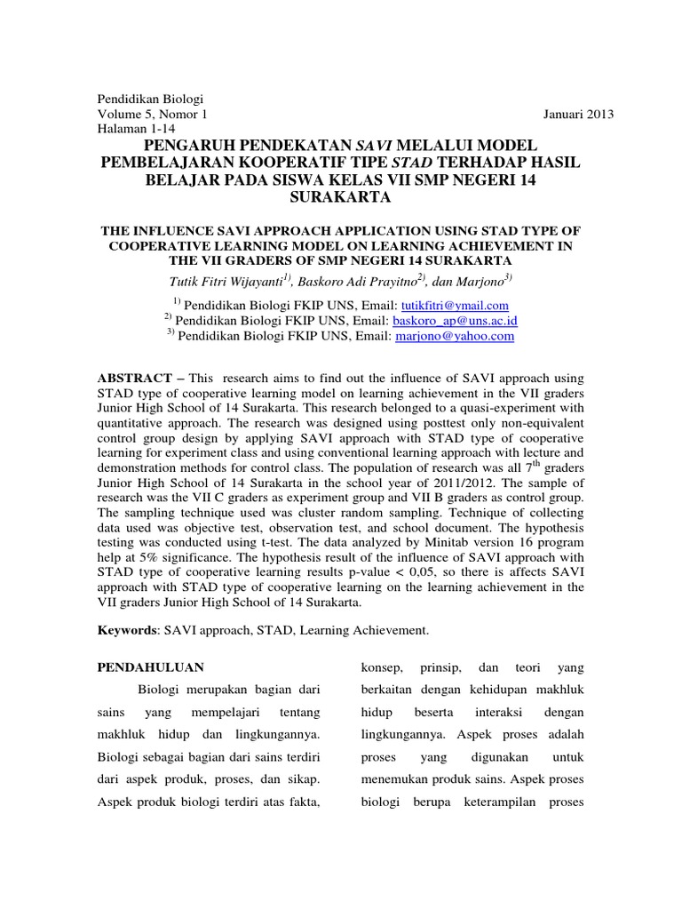 Pengaruh Pendekatan Savi Melalui Model Pembelajaran Kooperatif Tipe ...